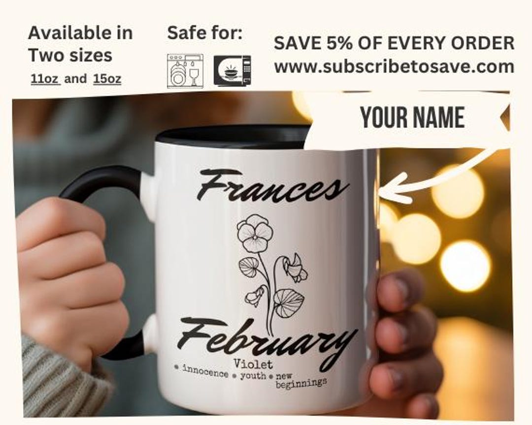 Personalized Birth Month February Mug, Violet Birth Flower Tea Cup ...