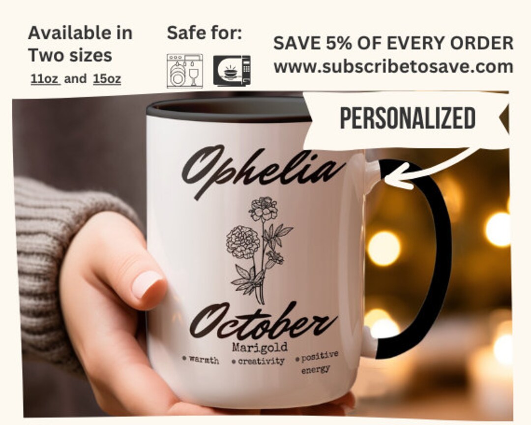 Personalized October Birth Flower Marigold Tea Mug, Custom Name Design ...