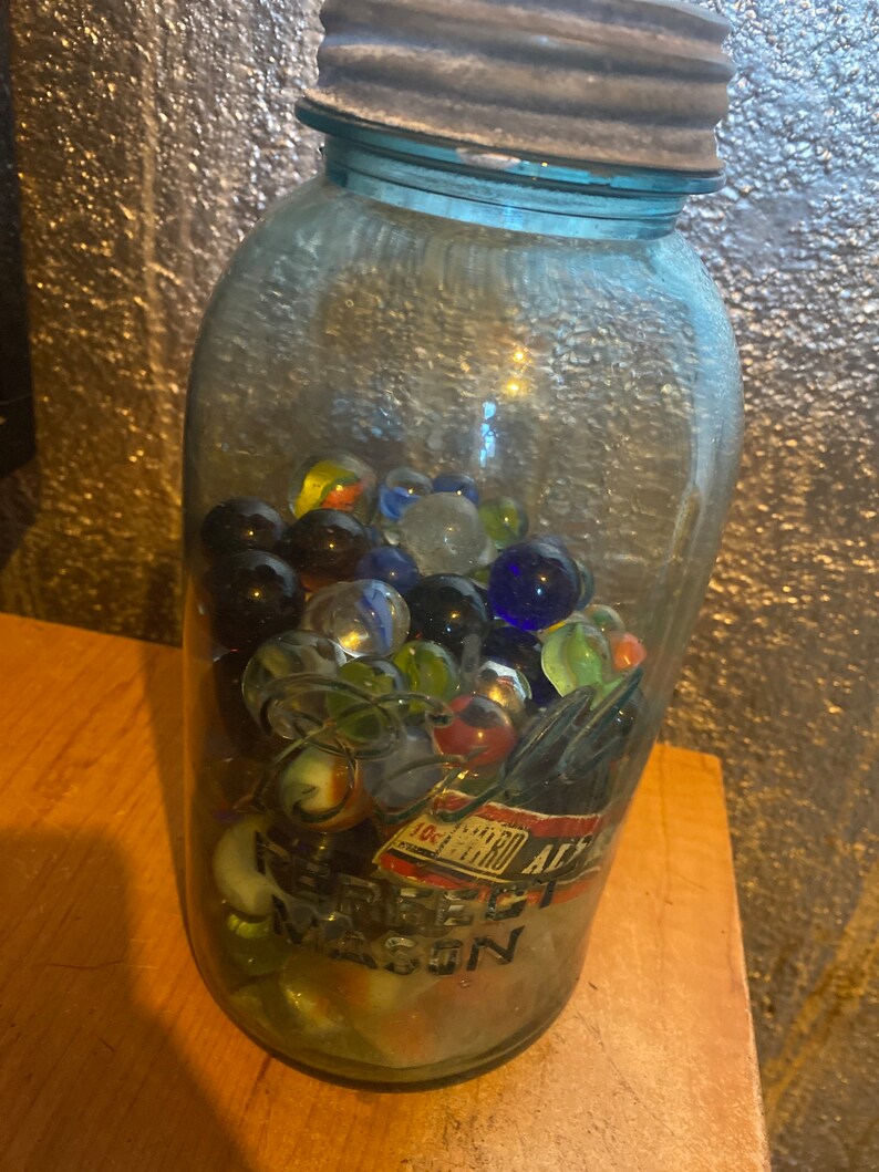 Large Antique Ball Mason Jar With Old Marbles Uranium - Etsy