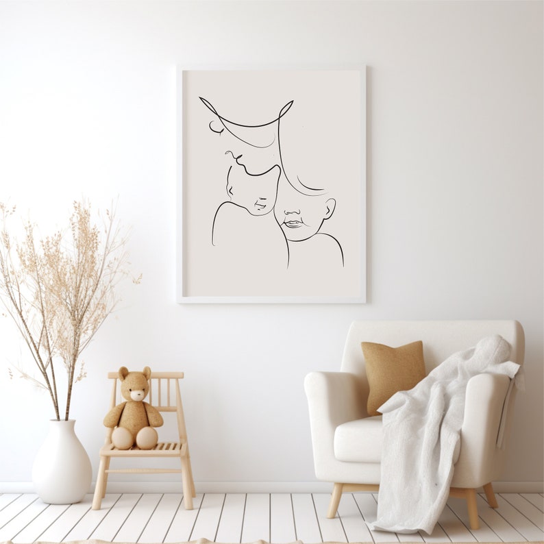 Mother and Two Boys Line Art Print, Sibling Love, Nursery Decor ...