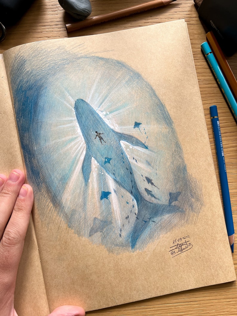 Whale ORIGINAL Drawing Sea Drawing - Etsy