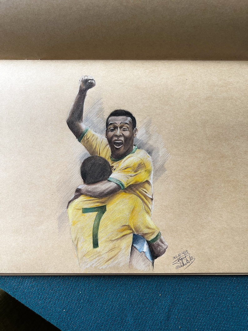 PELE Dibujo ORIGINAL Arte a lápiz boceto de fútbol Brasil retrato ...