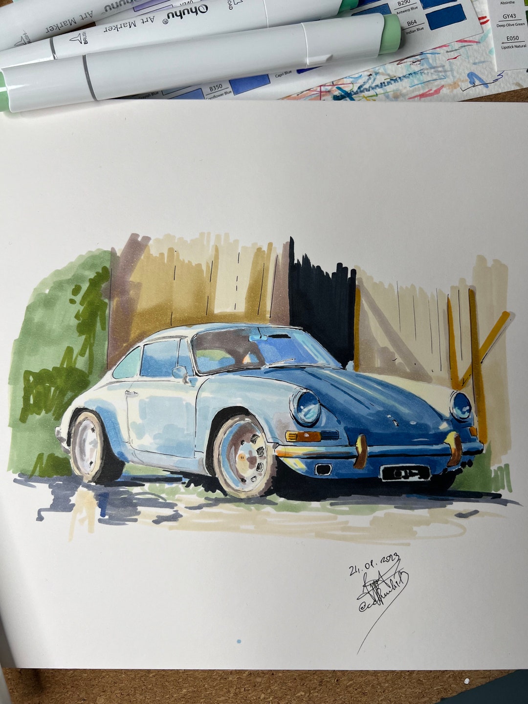 Race Car Drawing Porsche 911 Marker Art Colorful Sketch - Etsy