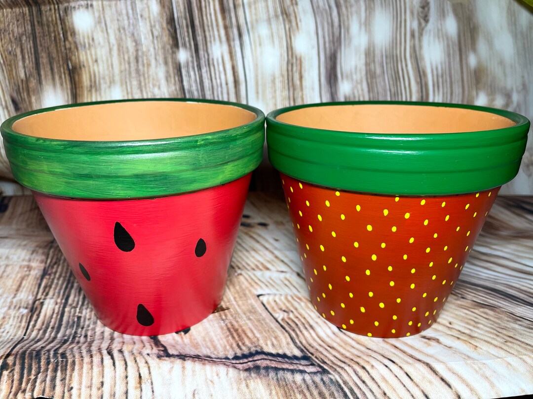 Terra Cotta Planter Pot Hand Painted Watermelon Strawberry Set Home and ...