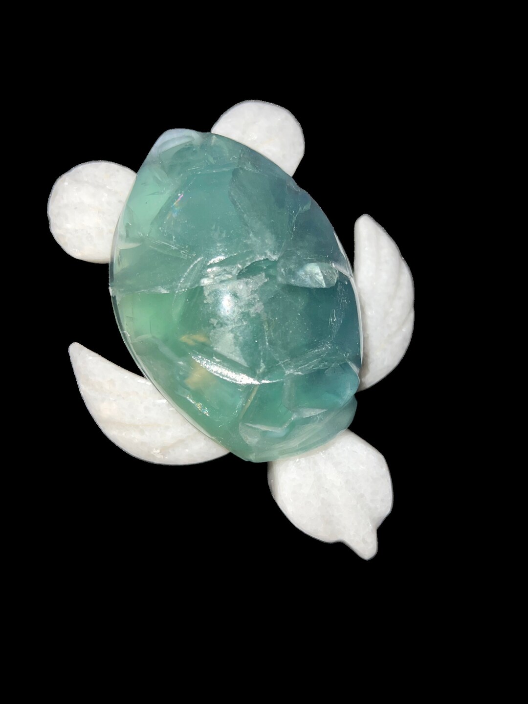 Carved Fluorite W/ Marble Sea Turtles 5"x4"x1.5" , Decoration , Stone ...