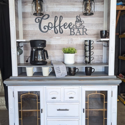 Distressed White and Brown Armoire Bar Coffee Hutch - Etsy