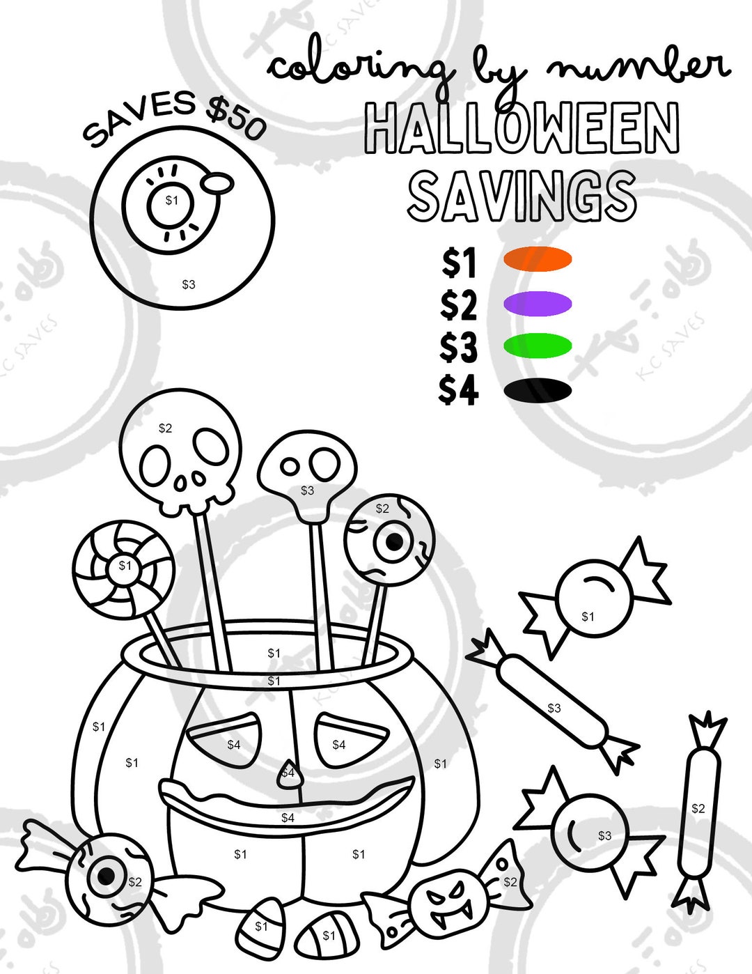 Halloween Trick or Treat Color by Number Savings Challenge Tracker ...