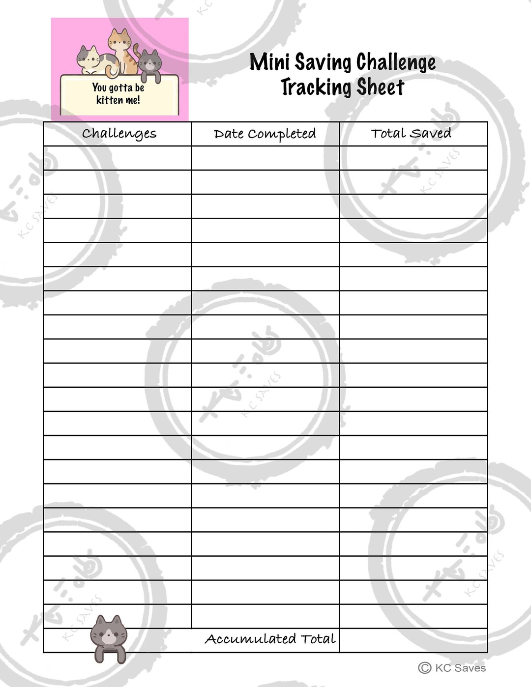 Kitten Mini Savings Challenge Tracking Sheet - Adorable Printable ...