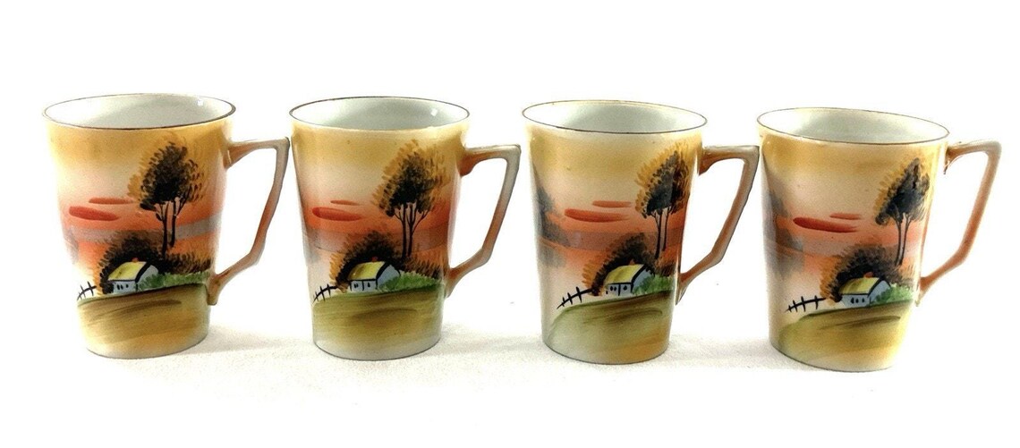 Vintage Porcelain Pitcher W/ Four Cups Hand Painted Sunset Cottage ...