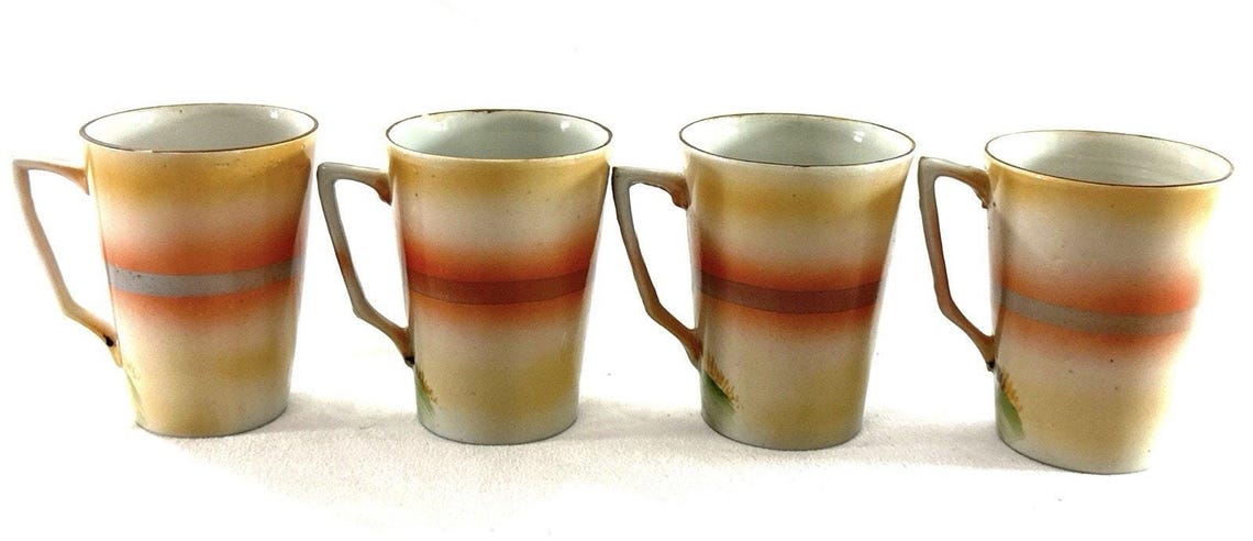 Vintage Porcelain Pitcher W/ Four Cups Hand Painted Sunset Cottage ...