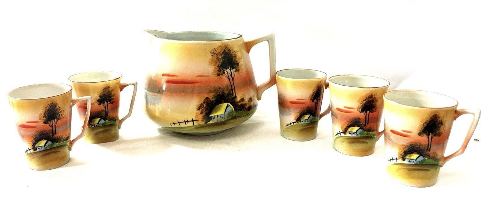 Vintage Porcelain Pitcher W/ Four Cups Hand Painted Sunset Cottage ...
