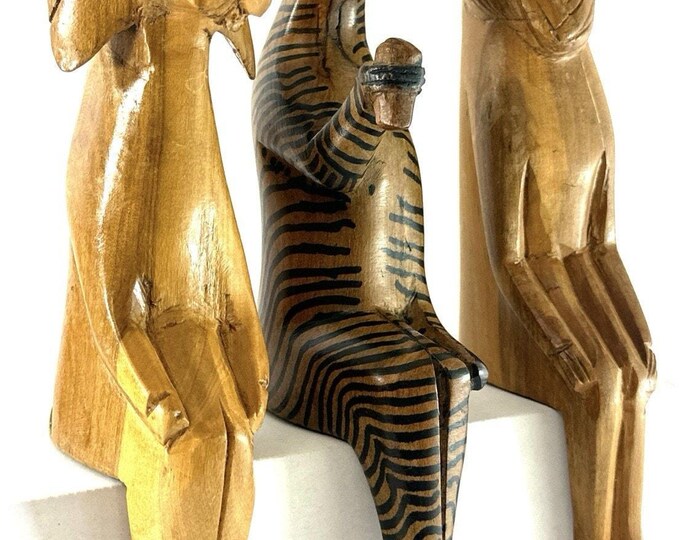 Set of 3 Hand-carved Wooden African Animal Shelf Sitters – Elephant ...