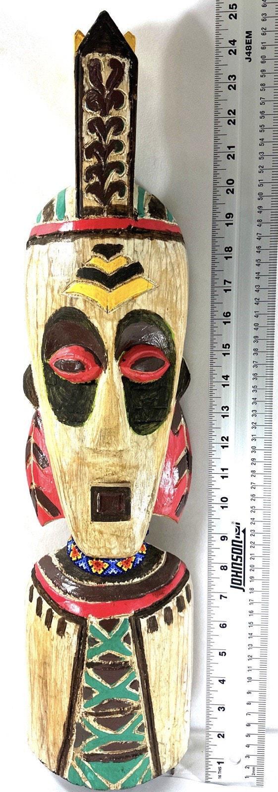Handcrafted Bali Wooden Tribal Mask Wall Art W/ Bead Collar & 3 Hooks ...