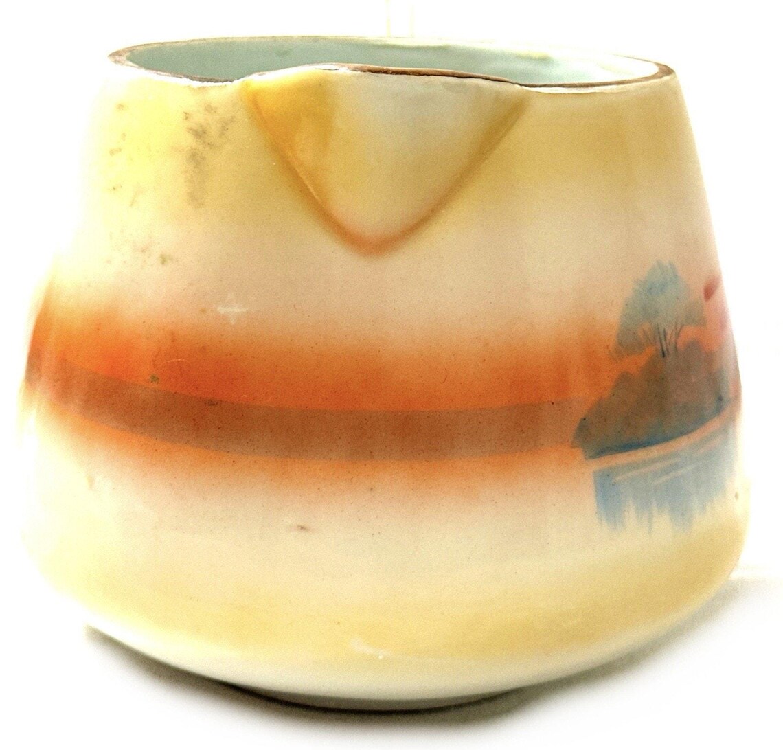 Vintage Porcelain Pitcher W/ Four Cups Hand Painted Sunset Cottage ...
