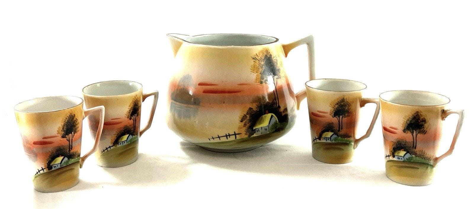 Vintage Porcelain Pitcher W/ Four Cups Hand Painted Sunset Cottage ...