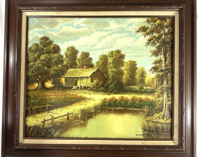 Vintage Oil Painting by J. Perrine – Rustic Cabin Landscape, Framed ...