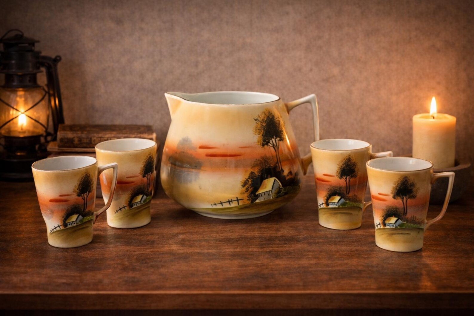 Vintage Porcelain Pitcher W/ Four Cups Hand Painted Sunset Cottage ...