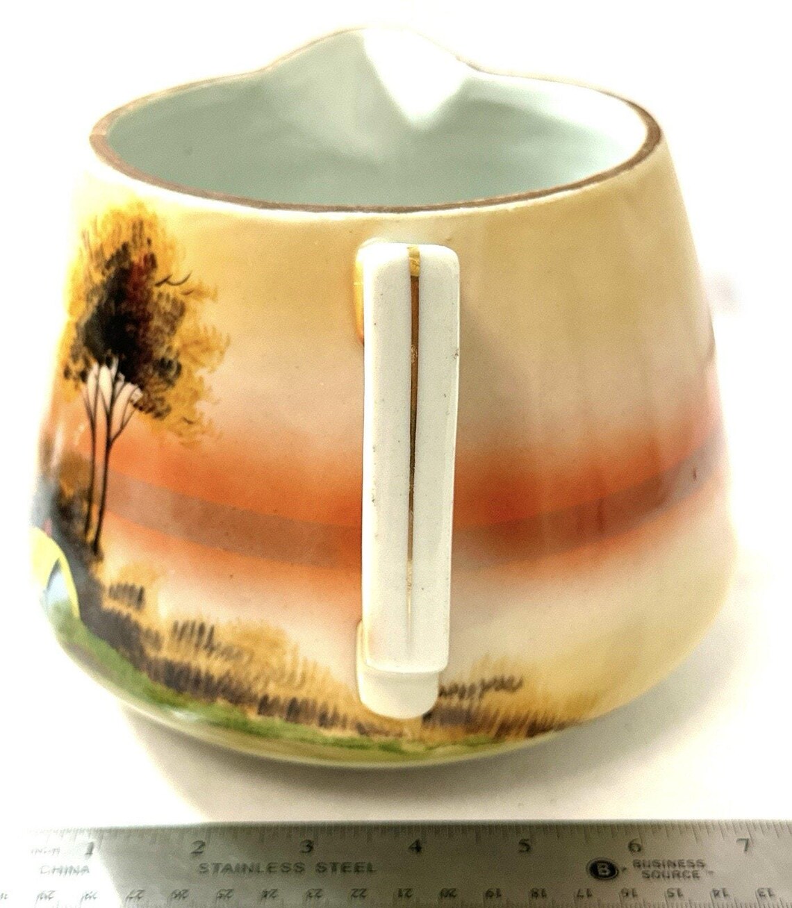 Vintage Porcelain Pitcher W/ Four Cups Hand Painted Sunset Cottage ...