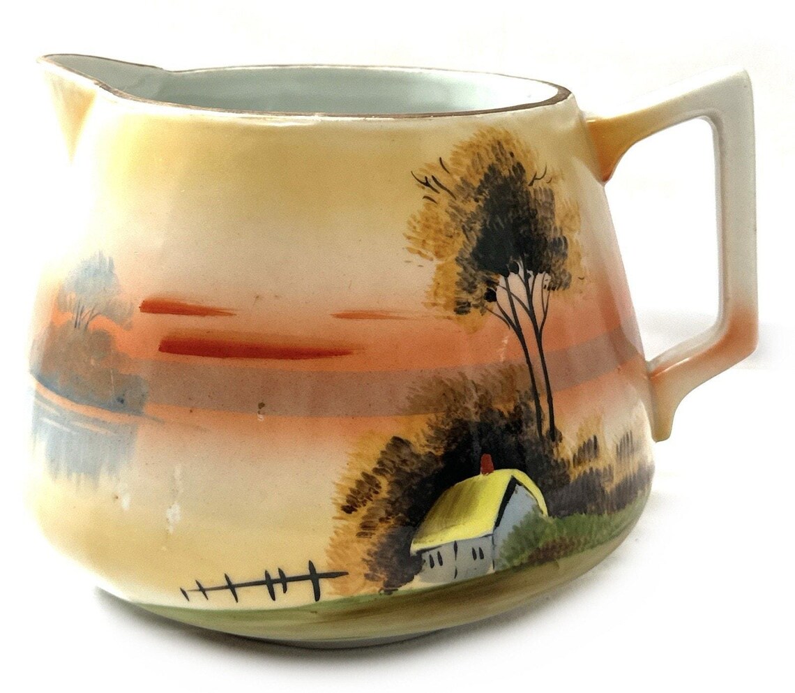 Vintage Porcelain Pitcher W/ Four Cups Hand Painted Sunset Cottage ...