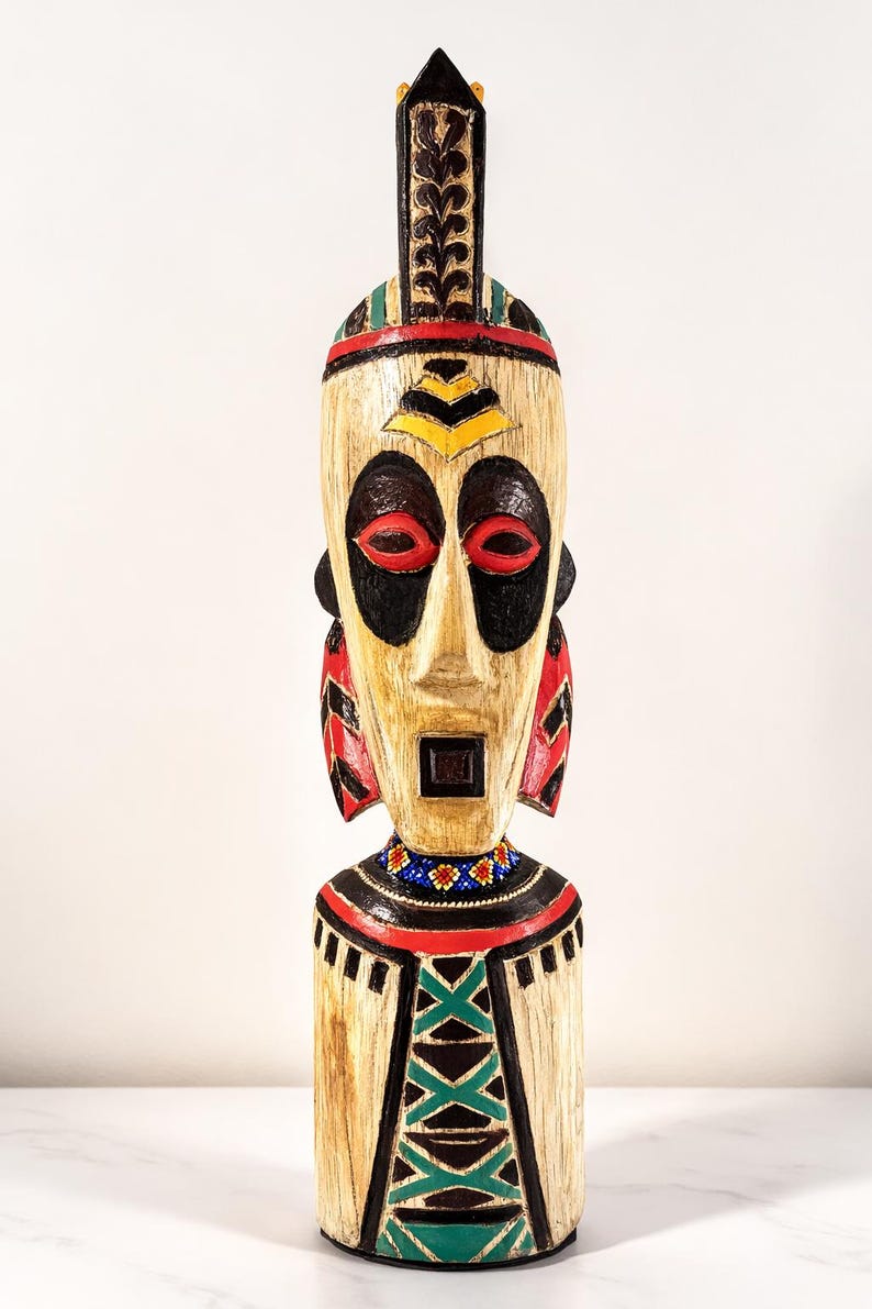 Handcrafted Bali Wooden Tribal Mask Wall Art W/ Bead Collar & 3 Hooks ...