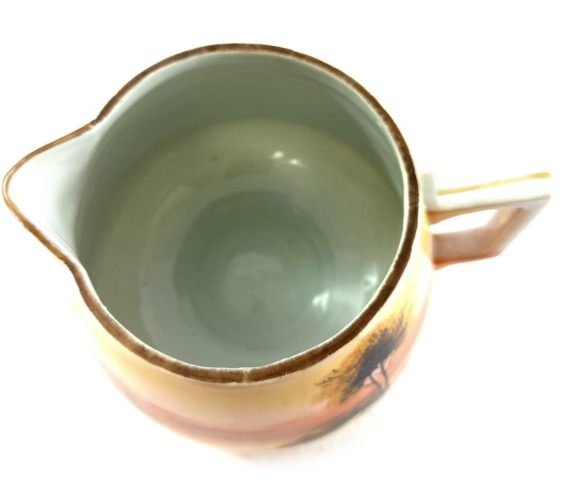 Vintage Porcelain Pitcher W/ Four Cups Hand Painted Sunset Cottage ...