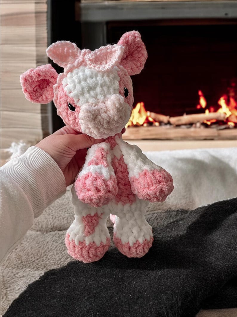 Strawberry Milk Cow, Crocheted Pink Cow With Bow, Handmade Amigurumi ...
