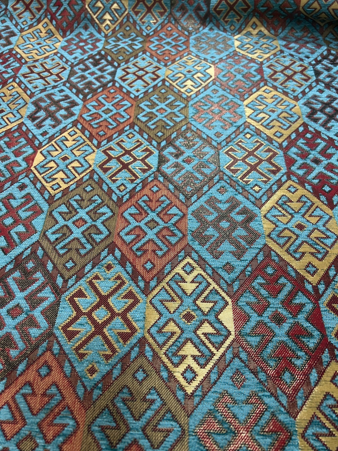 Turquoise Aztec Upholstery Chenille Tapestry Fabric by the Yards, Boho ...