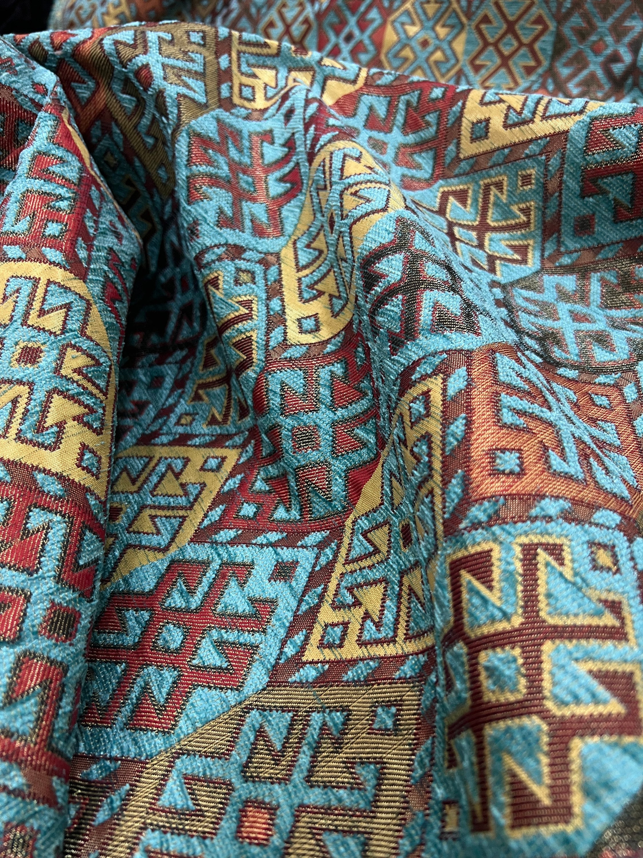Turquoise Aztec Upholstery Chenille Tapestry Fabric by the Yards, Boho ...