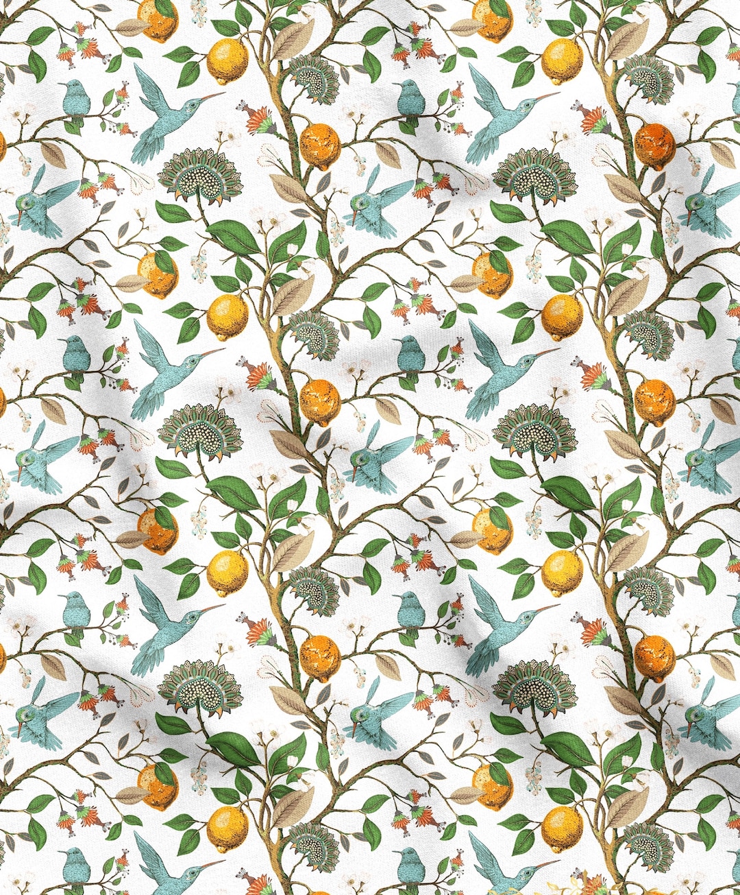 Lemon Tree With Birds Pattern Upholstery Print Fabric, Floral Home ...