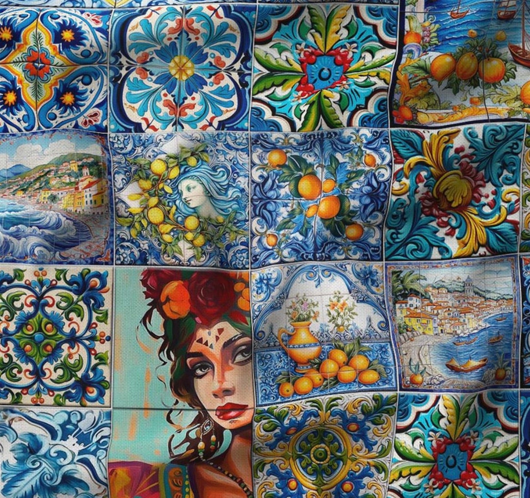 Majolica Ceramic Tile Print Fabric: Sicilian Upholstery Fabric by the ...