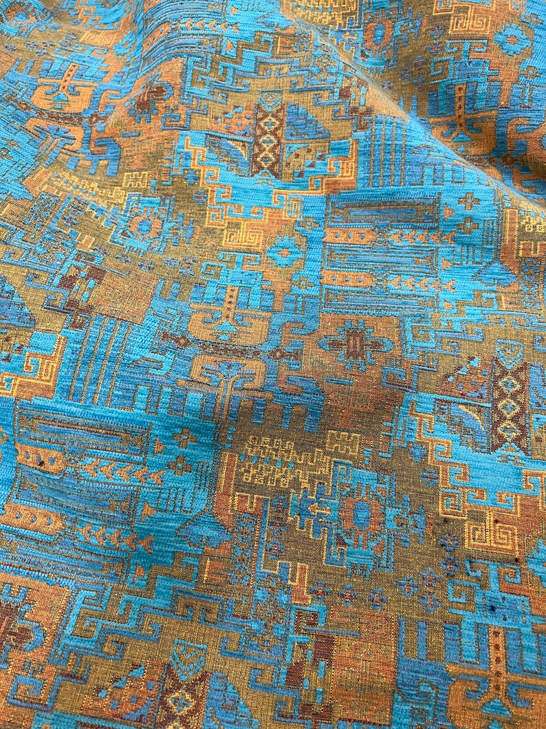 Turquoise Chenille Tapestry Fabric: Ethnic Kilim Upholstery, Boho Decor ...