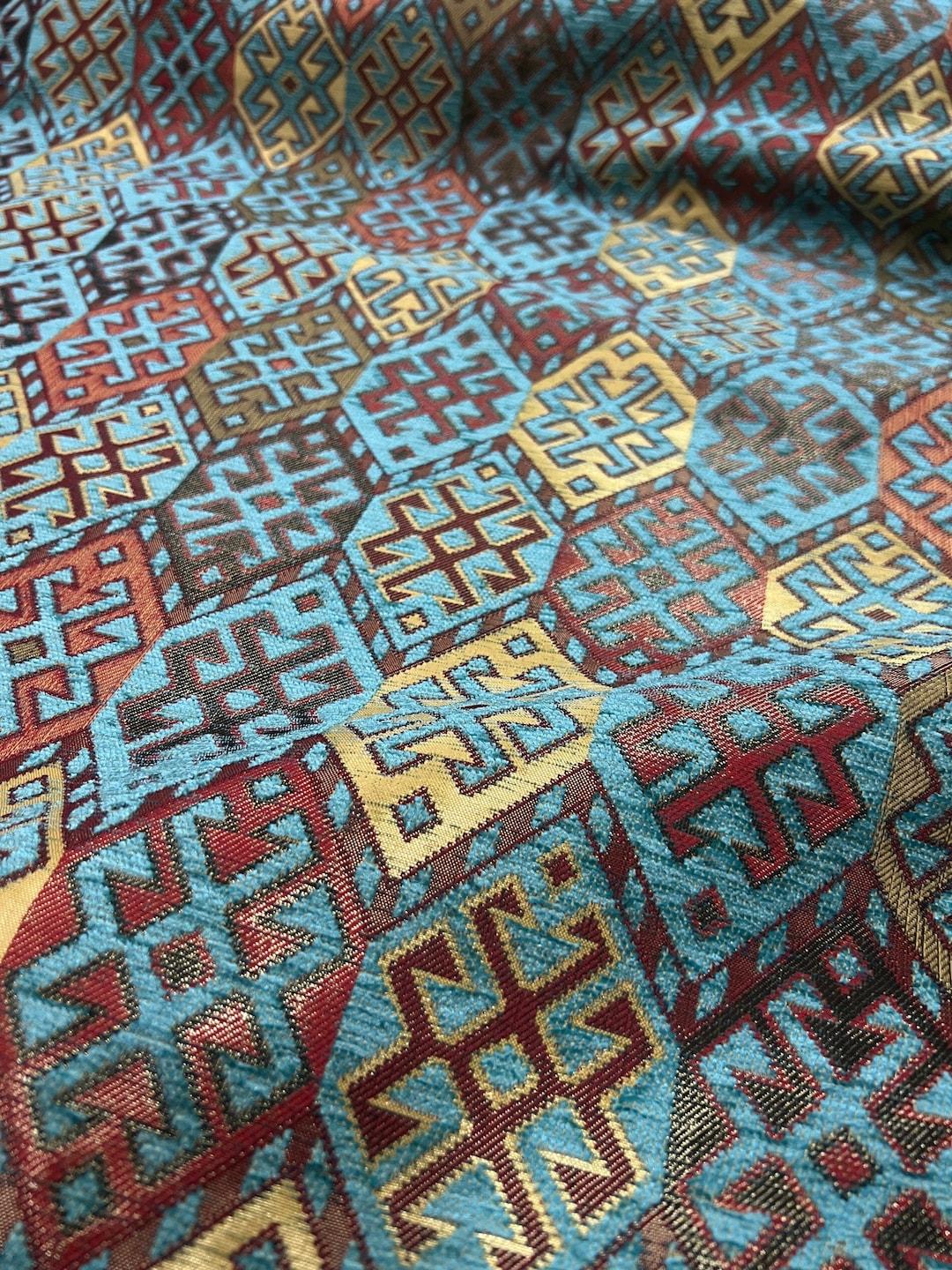 Turquoise Aztec Upholstery Chenille Tapestry Fabric by the Yards, Boho ...