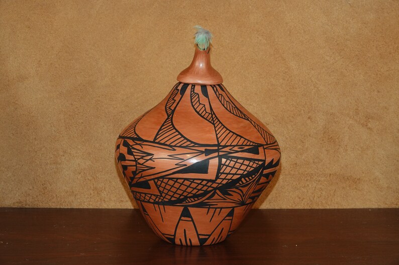 Redware Pot With Black Decor and Lid, Jemez Pueblo Has Makers Mark and ...