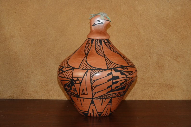 Redware Pot With Black Decor and Lid, Jemez Pueblo Has Makers Mark and ...
