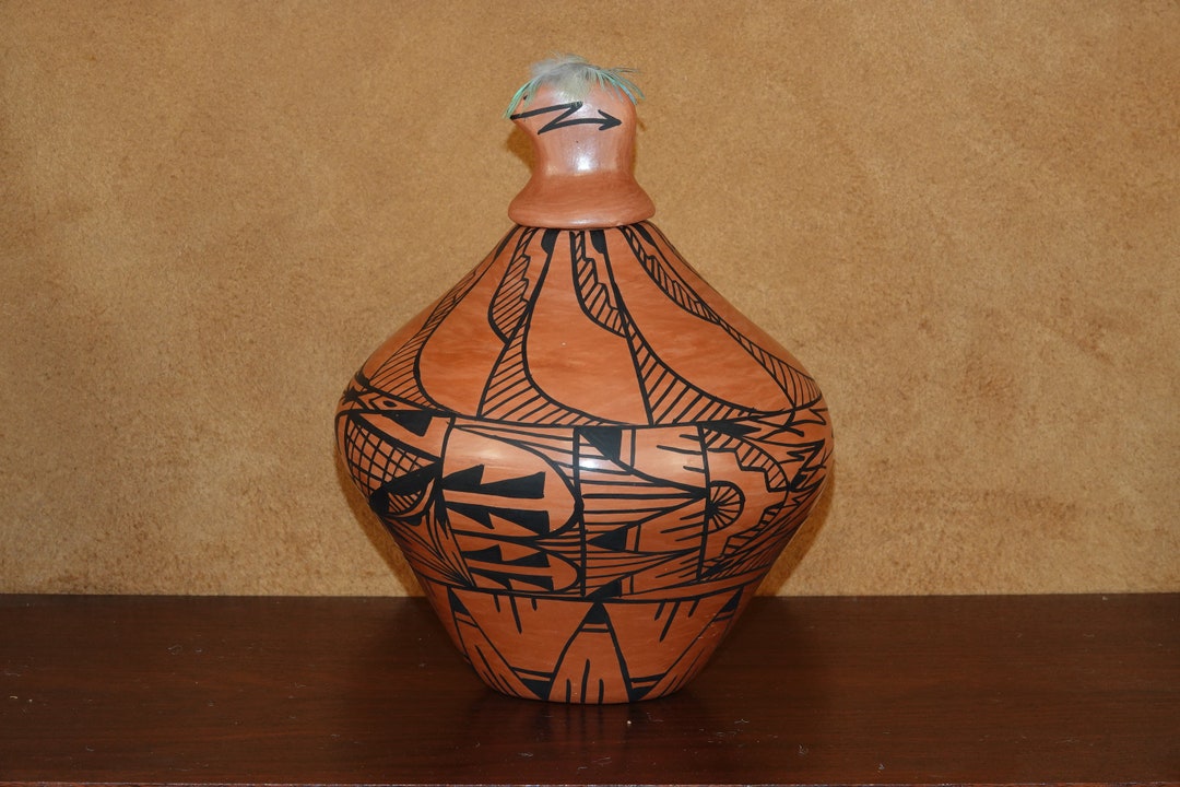 Redware Pot With Black Decor and Lid, Jemez Pueblo Has Makers Mark and ...