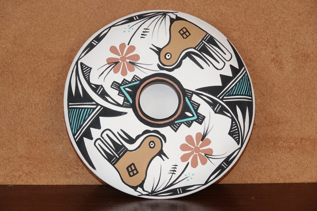 Acoma Disc Pot by Marie Vallo, (1949-1997) 1.25" Tall, 5.75" Wide, Bird ...