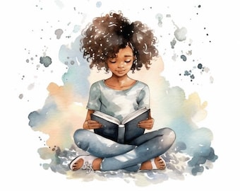 Watercolour Black Girl Reading Clipart, Girl Studying Clipart, Book ...