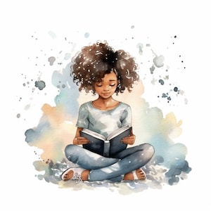Watercolour Black Girl Reading Clipart, Girl Studying Clipart, Book ...