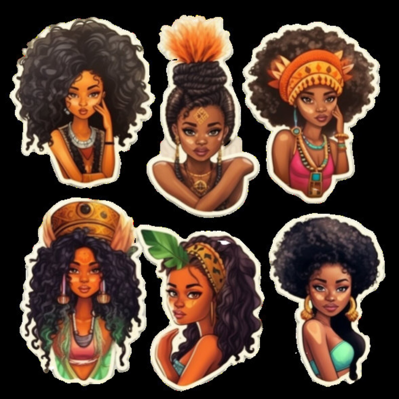Bohemian Digital Stickers -curly Hair Black Women Style Sticker Set for ...