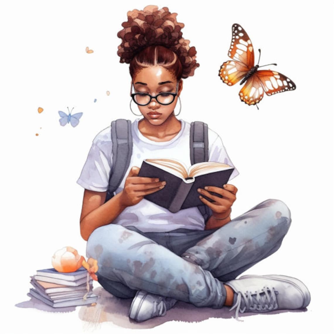 Watercolour Black Girl Reading Clipart, Girl Studying Clipart, Book ...