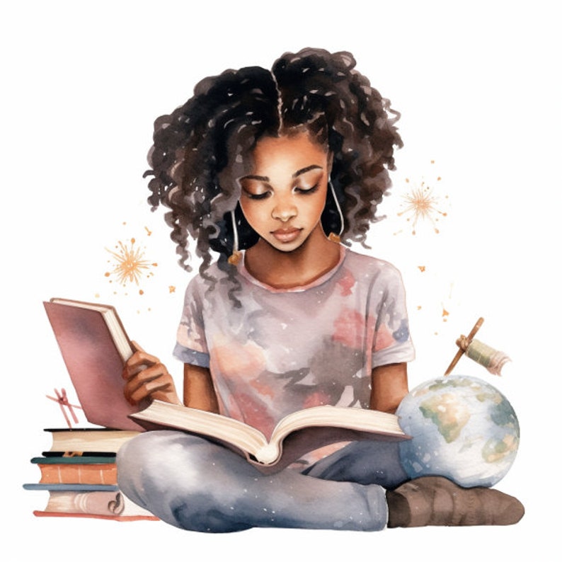 Watercolour Black Girl Reading Clipart, Girl Studying Clipart, Book ...