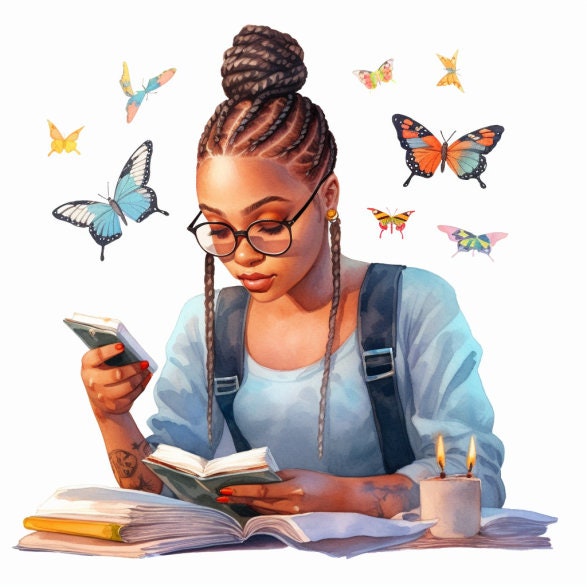 Watercolour Black Girl Reading Clipart, Girl Studying Clipart, Book ...