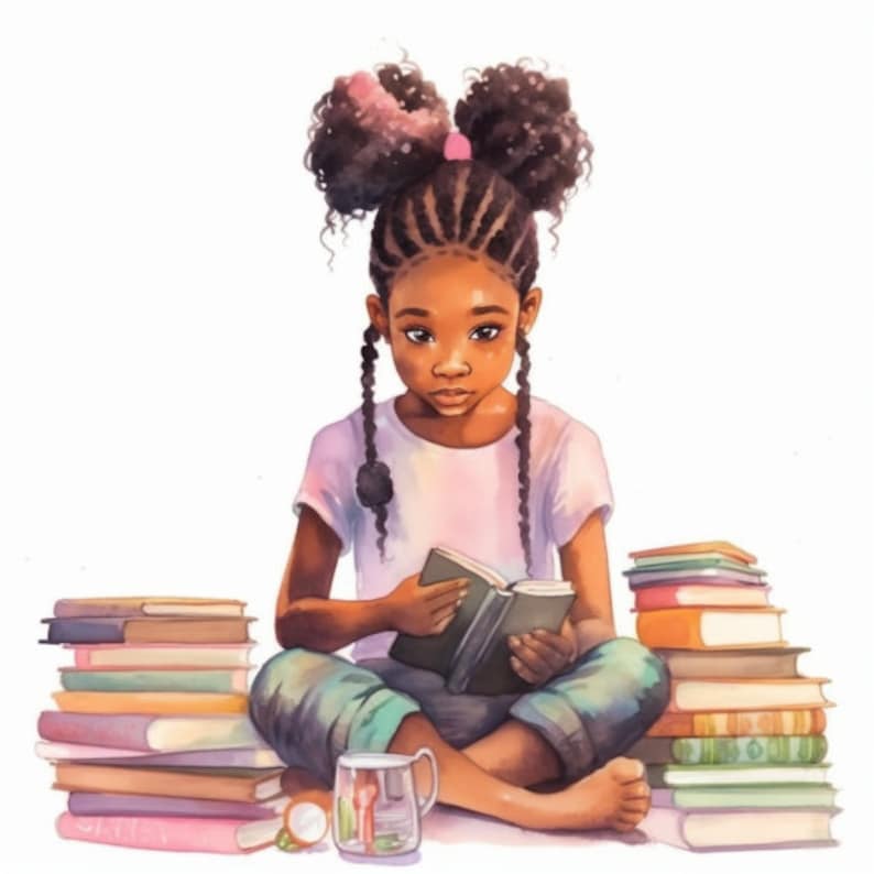 Watercolour Black Girl Reading Clipart, Girl Studying Clipart, Book ...