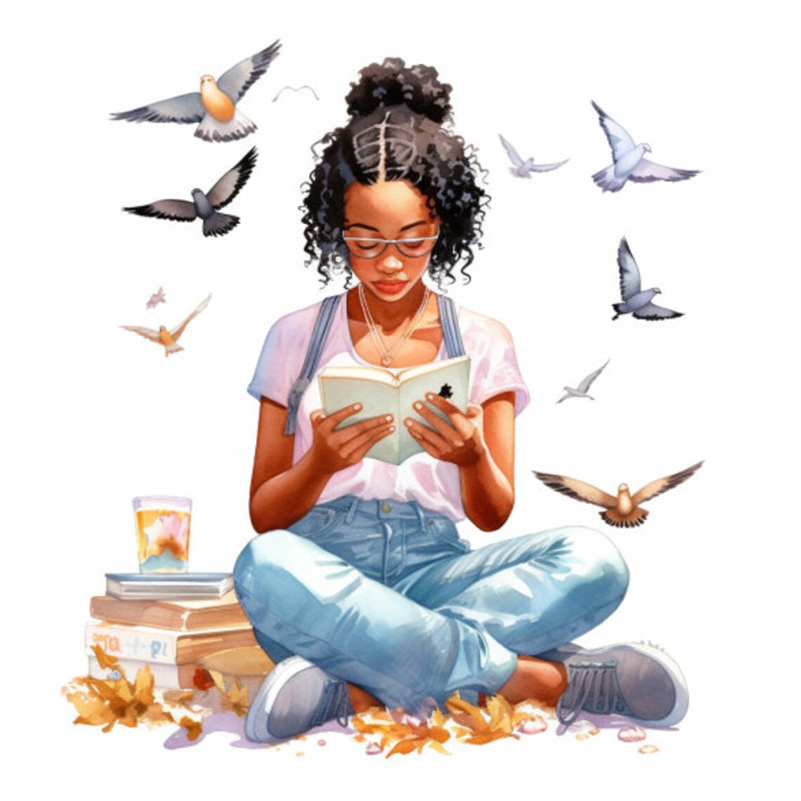Watercolour Black Girl Reading Clipart, Girl Studying Clipart, Book ...