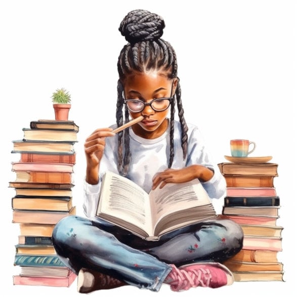 Watercolour Black Girl Reading Clipart, Girl Studying Clipart, Book ...