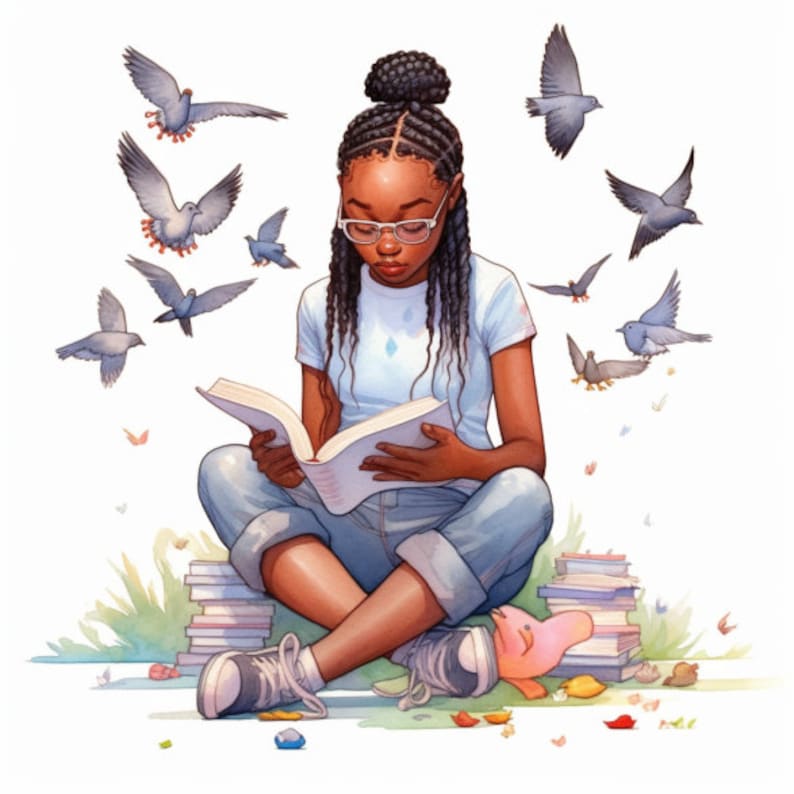 Watercolour Black Girl Reading Clipart, Girl Studying Clipart, Book ...