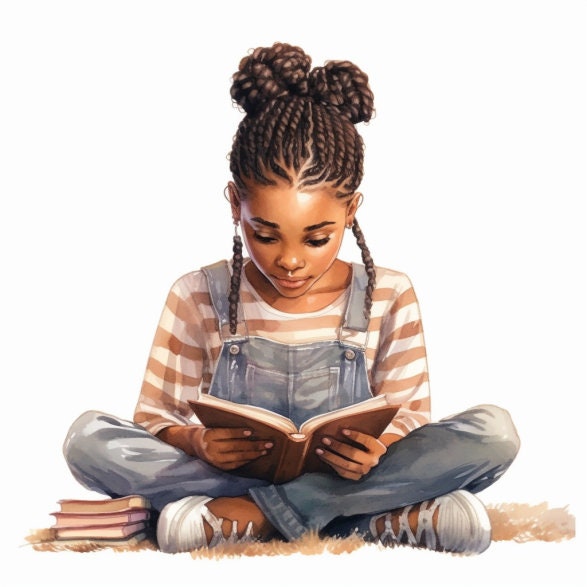 Watercolour Black Girl Reading Clipart, Girl Studying Clipart, Book ...
