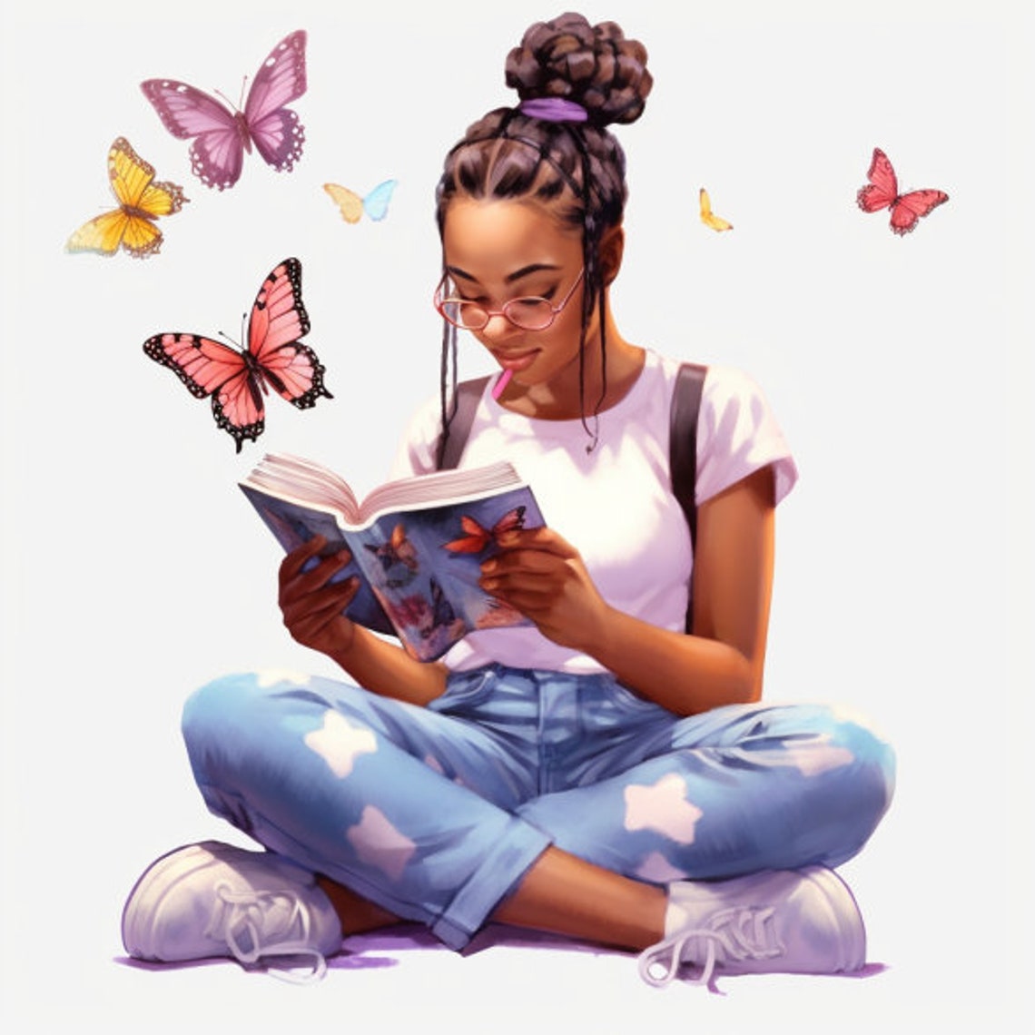 Watercolour Black Girl Reading Clipart, Girl Studying Clipart, Book ...