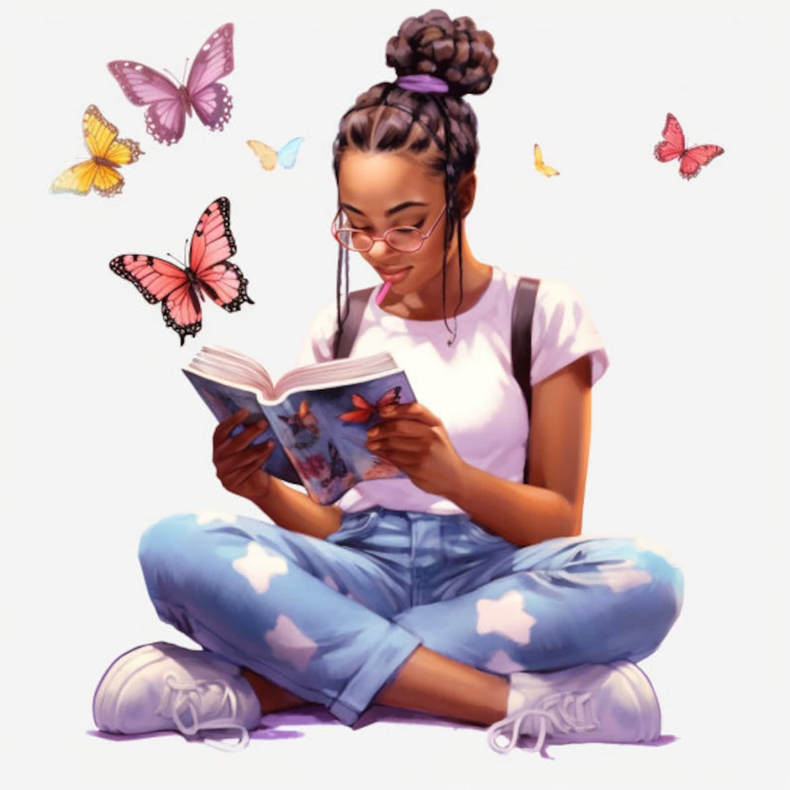 Watercolour Black Girl Reading Clipart, Girl Studying Clipart, Book ...