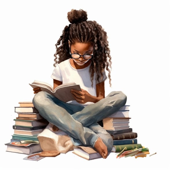 Watercolour Black Girl Reading Clipart, Girl Studying Clipart, Book ...